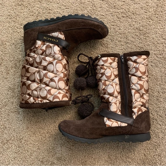 Coach | Shoes | Coach Juniper Quilted Logo Mid Calf Pom Pom Boots ...
